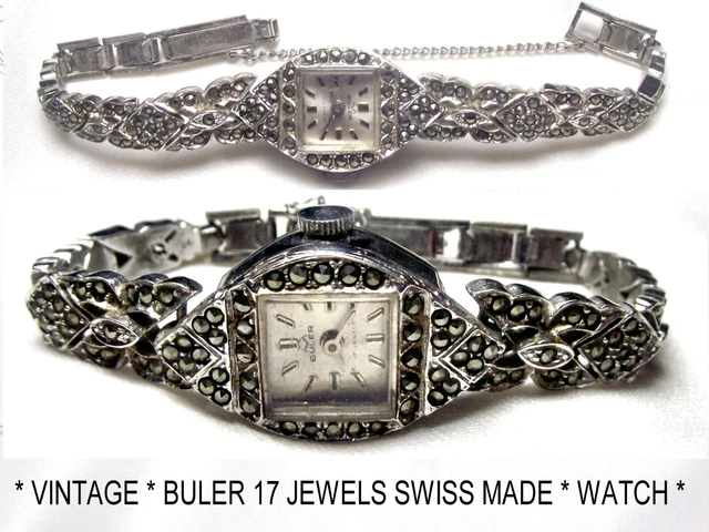 * LADIES * VINTAGE BULER SWISS Made * 17 Jewels Marcasite Bracelet ...