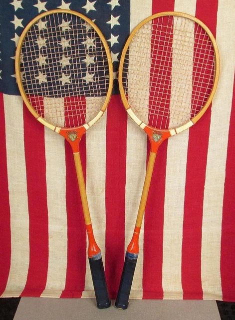 VINTAGE PAIR VICTORIA Wood Badminton Racquets Great Logo Antique Wall ...