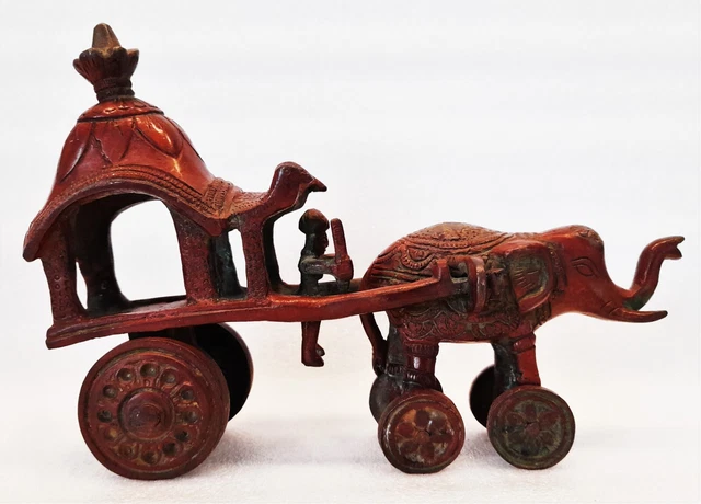 ANTIQUE INDIAN PAINTED Brass Temple Toy Elephant Drawn Carriage Cart On ...