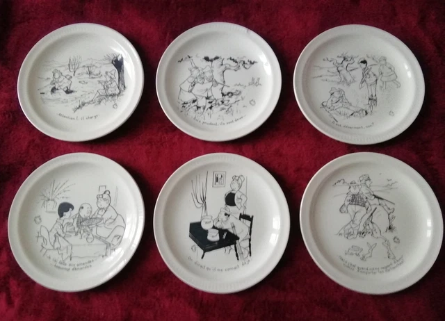 JEAN BELLUS (1911-1967) 6 Assiettes parlante humoristique Faïence St ...