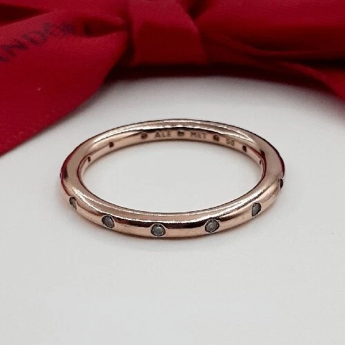 NEW GENUINE PANDORA Rose Gold Droplets Simple Sparkling CZ Ring Size 50 ...