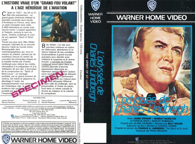 JAQUETTE VHS (SPECIMEN SLEEVE) THE SPIRIT OF ST LOUIS James STEWART ...