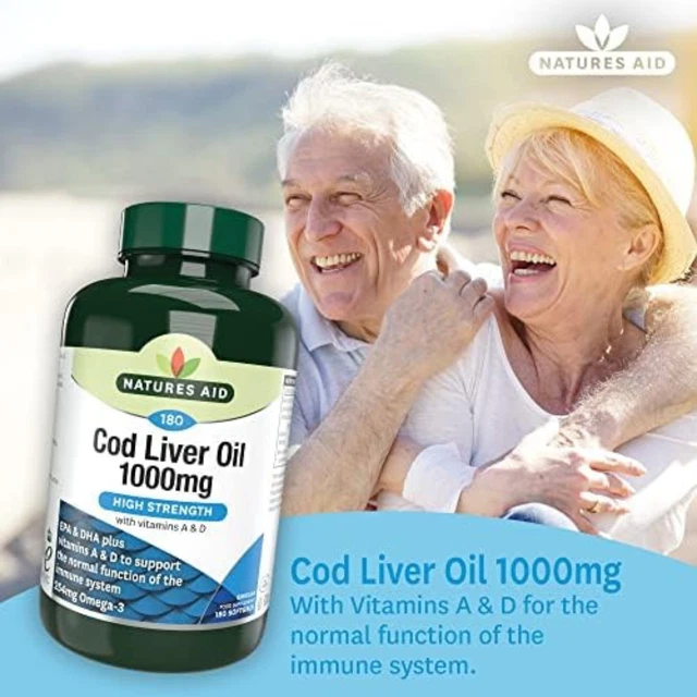 NATURES AID COD Liver Oil, 1000 mg, 180 Softgel Capsules High Strength ...