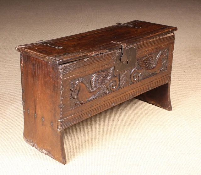 RARE 17TH CENTURY Oak Carved Plank Coffer Two Carved Pegasus With Wings ...