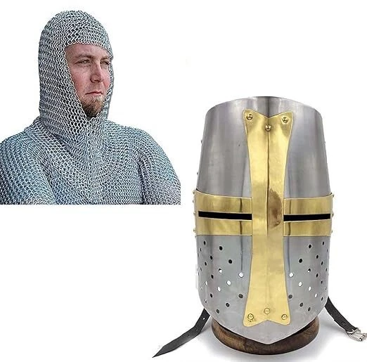 MEDIEVAL TEMPLAR CRUSADER Helmet Replica + Chainmail Coif + Wooden ...
