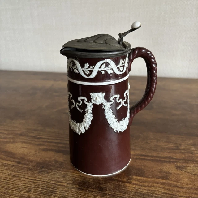 ANTIQUE DUDSON PAXTON Jasperware Jug Pot Lions Brown Glaze Pewter Lid £ ...