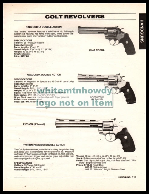 1999 COLT KING Cobra, Anaconda and Python Revolver PRINT AD w/original ...