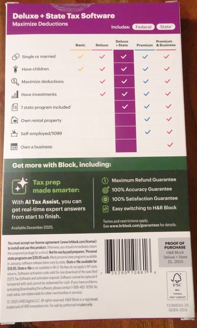 H&R BLOCK TAX Software Deluxe + State 2025 Key Card PC/Mac $46.06 ...