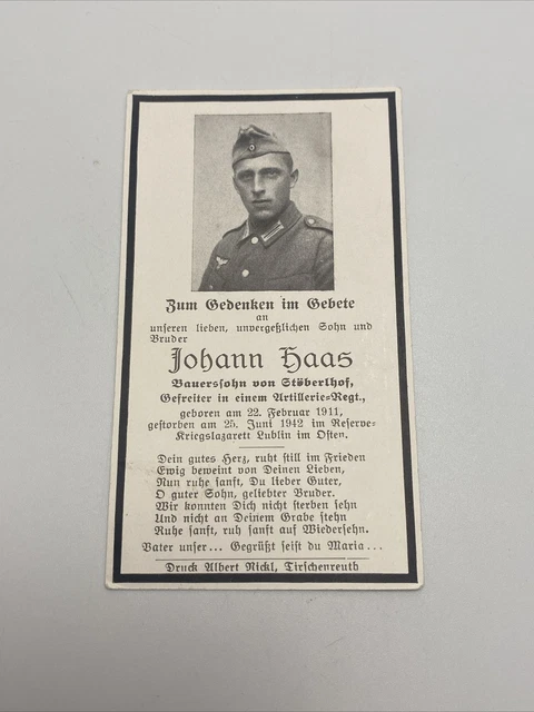 WW2 GERMAN DEATH Card Army Artillery Regiment KIA 25/06/1942 Eastern ...