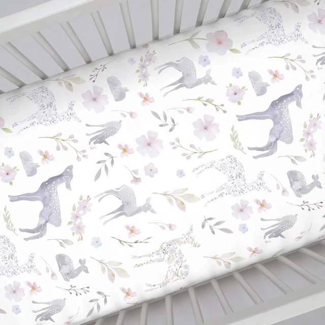 SUPER SOFT FLORAL Deer Nursery Mini Crib Fitted Sheet, Grey, Light Blue ...