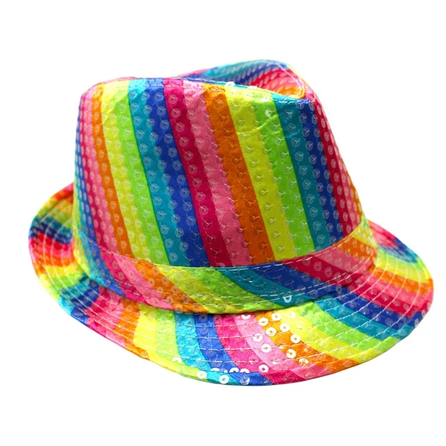 RAINBOW FEDORA HAT Multi Colour Sequin Fun Party Fancy Dress Accessory ...
