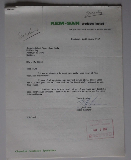 1967 KEM-SAN PRODUCTS MONTREAL letter + price list - forestry ...