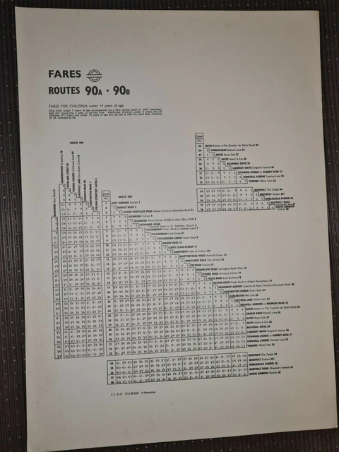 LONDON TRANSPORT BUS RT/RF Conductors Fare Chart Route 90, 90A & 90B ...