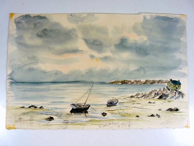 AQUARELLE PAYSAGE DU BORD DE MER signée GG, D - 37 x 24 cm EUR 59,99 - PicClick IT