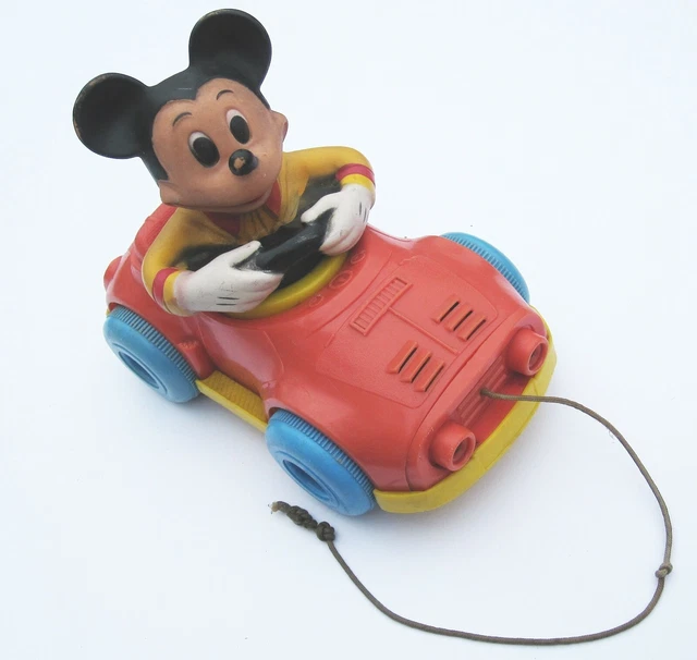 1973 MICKEY MOUSE Kohner Pull Toy Car Red Yellow 9" Vintage 1970s Nice ...
