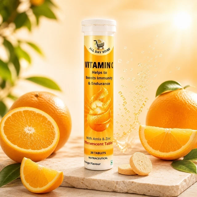 ALL DAY STORE Vitamin C Effervescent Tablets 20 Orange Flavour Fizzy ...