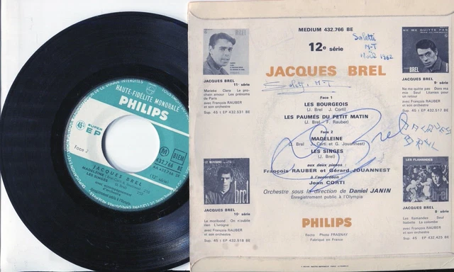 AUTOGRAPHE ORIGINAL DU Chanteur JACQUES BREL sur pochette EP 45T 1962 ...