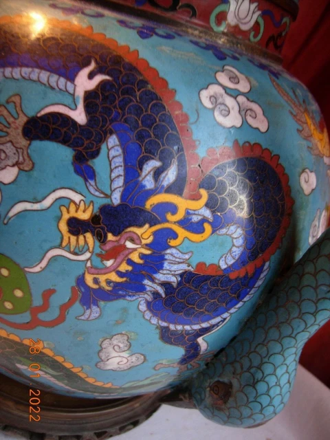 ENORMOUS CHINESE CLOISONNE water jug on stand with dragons 4 characters ...