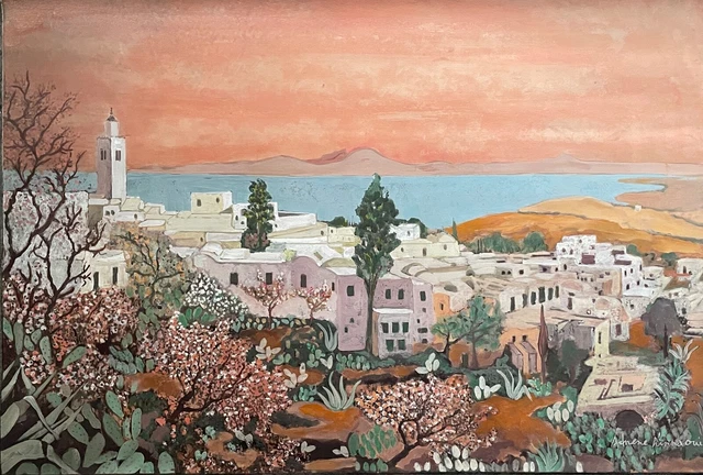 TABLEAU ORIENT MAGHREB peinture signée paysage de Sidi Bou Saïd Tunisie ...