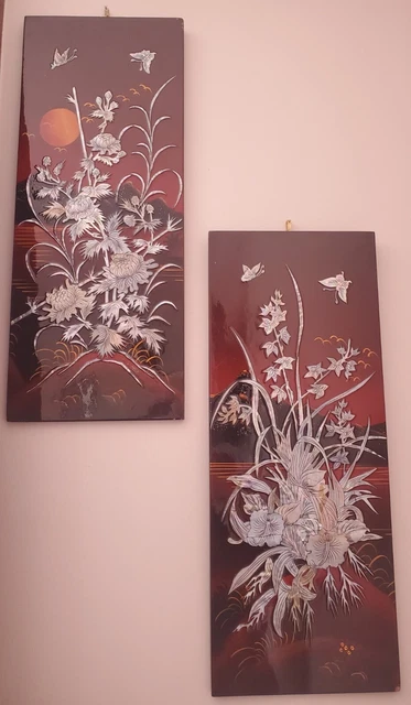 VINTAGE ASIAN MOTHER OF PEARL INLAY PANEL WALL ART - RED AND BLACK MOON ...