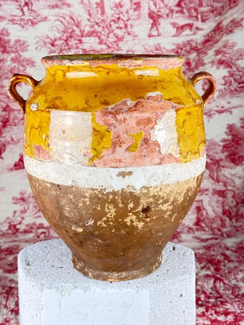 ANCIEN POT a confit terre cuite émaillé jaune Vert faïence Sud Ouest 19 ...