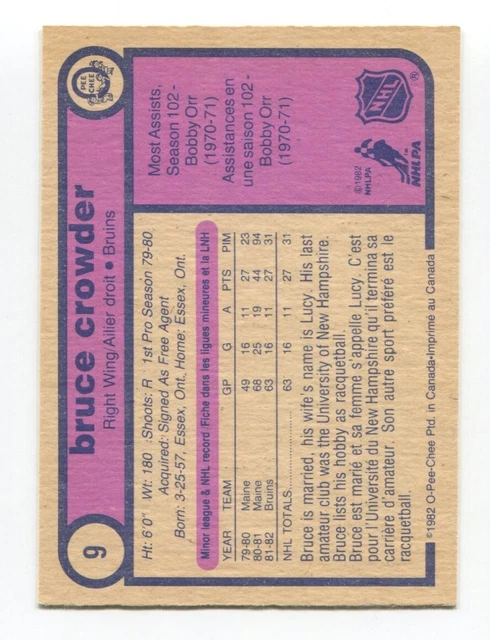 1982 O-PEE-CHEE BRUCE Crowder carte signée hockey NHL AUTO #9 Boston ...