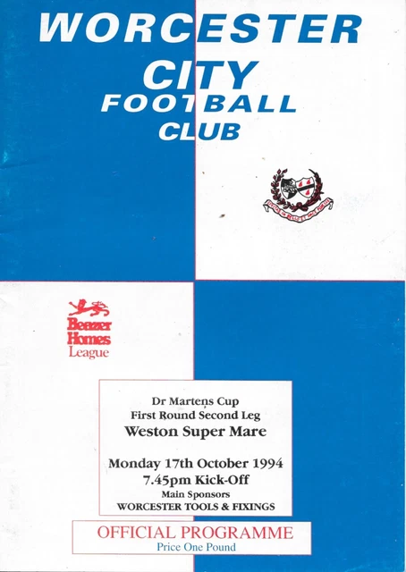 WORCESTER CITY V Weston Super Mare 94/95 -- Dr. Martens Cup 1. £3.75 ...