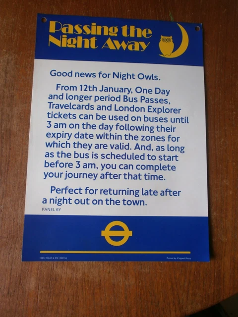 LONDON TRANSPORT BUS Stop Timetable Panel Poster-Passing The Night Away ...