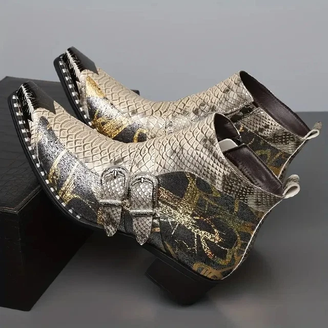 MEN'S SNAKESKIN PRINT Western Boots Side Zipper Ankle High chunky Heel ...