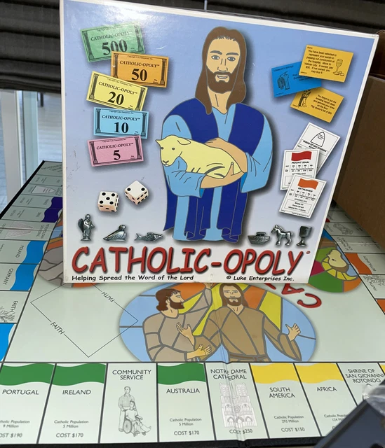 RARE “CATHOLIC-OPOLY” MONOPOLY game Luke Enterprises Smaller Box Metal ...