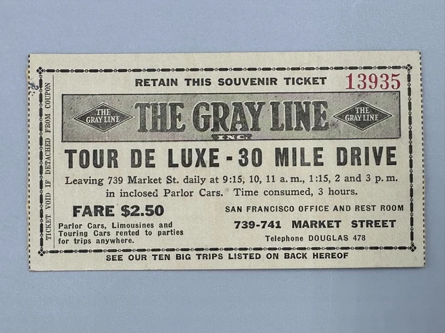 1920S GRAY LINE BUS Motor Tour De Luxe TICKET Cliff House Muir Woods ...