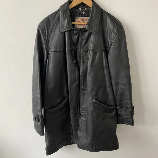 VINTAGE AKASO LEATHER Bomber Jacket Mens Fits 3XL Black Double Breasted Pea Coat £65.00 ...