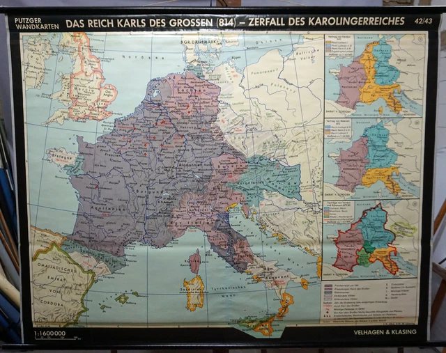 VINTAGE WALL CHART poster history map Europe time of Charles the Great ...