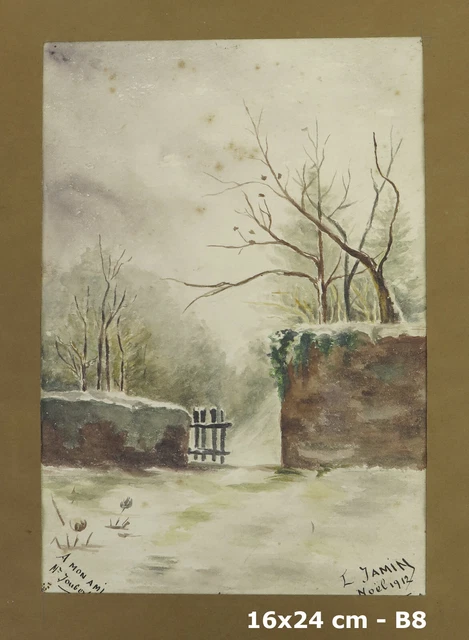 TABLEAU ANCIENNE SIGNÉ en Date Du 1912 Paysage Avec Neige Et Dedica ...