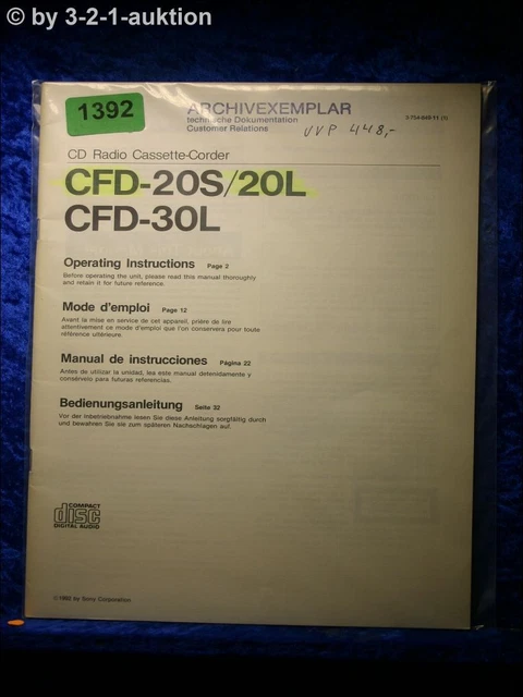 SONY MANUAL CFD 20S/20L/30L CD Radio Cassette Corder (#1392) £12.33 ...