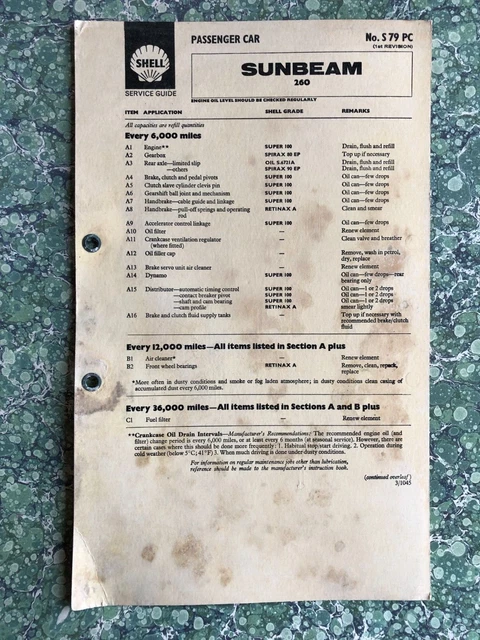 SHELL SERVICE GUIDE Lubrication Chart Sunbeam 260 2425G £2.00 - PicClick UK