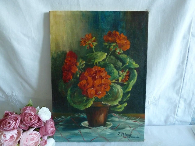 ANCIEN TABLEAU HUILE sur toile nature morte fleurs pot géraniums signé 35/26cm EUR 30,00 ...