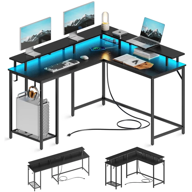 CORNER L SHAPED Computer Desk with Outlets USB Ports Stand Hooks ...