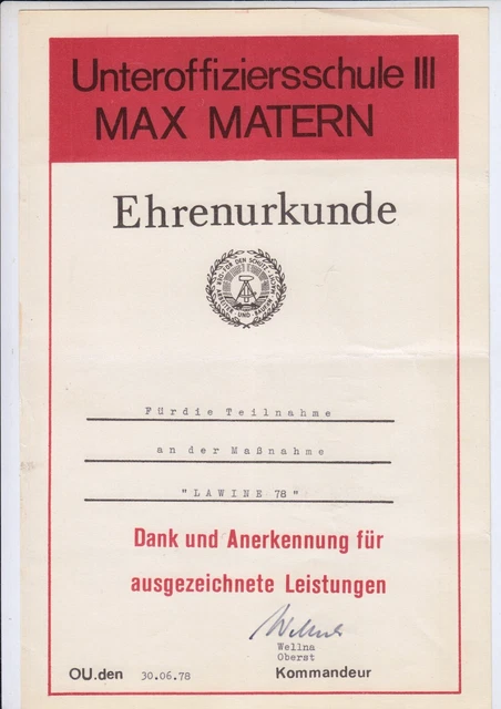 DDR EHRENURKUNDE NVA Unteroffiziersschule M. Matern Kommandostabsübung ...