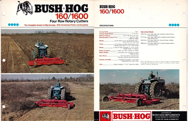 BUSH HOG SALES Brochure 4 Row Rotary Cutters Model 160 1600 gprdc1 $3. ...