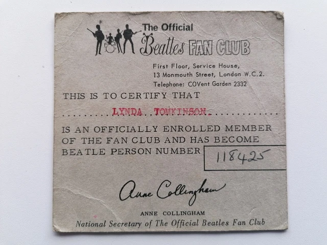 THE BEATLES ORIGINAL 1967-1969 Beatles Fan Club Membership Card 118425 ...