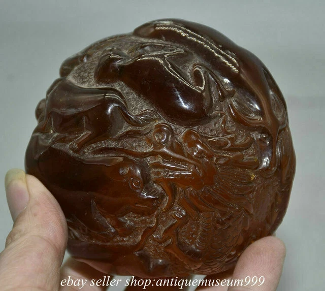 4& RARE CHINESE Red Amber Carving Feng Shui 12 Zodiac Year Dragon Horse ...