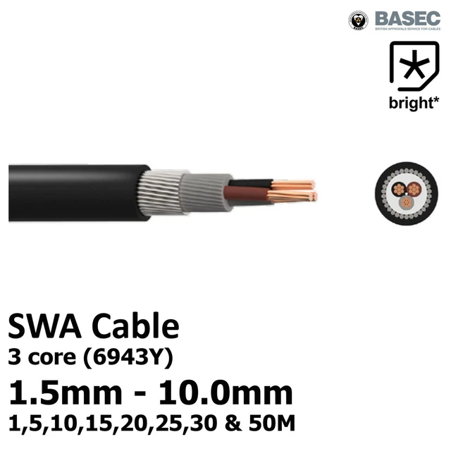 STEEL WIRE 3 Core Armoured SWA Cable 1.5, 2.5, 4.0, 6.0 10mm Outdoor ...