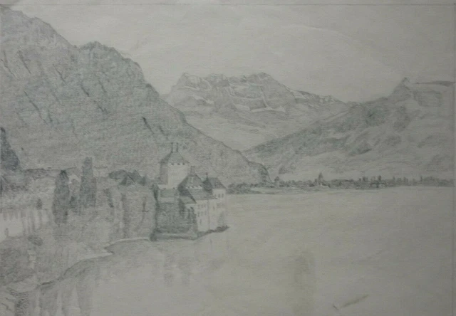 BLEISTIFT ZEICHNUNG SCHLOSS Chillon Villeneuve vor 1910 ca. 25x18,5cm ...