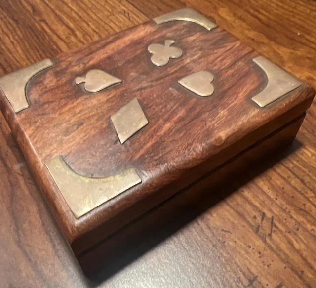 WOODEN PLAYING CARD Storage Box with Brass Inlay of Card Suits single ...