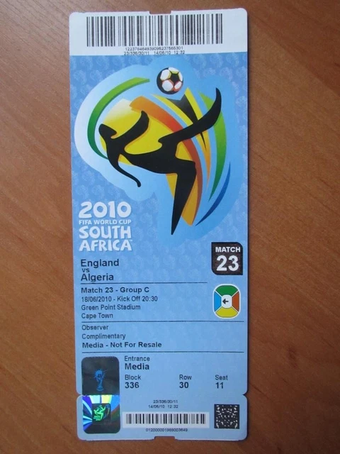 MEDIA TICKET FIFA World Cup 2010 South Africa England - Algeria game ...