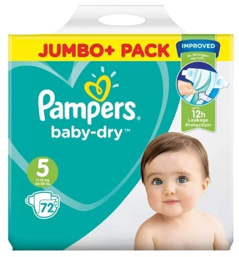 PAMPERS BABY DRY Nappy nappies Size 5 11-25kg jumbo 72 pack 12 hour £19 ...