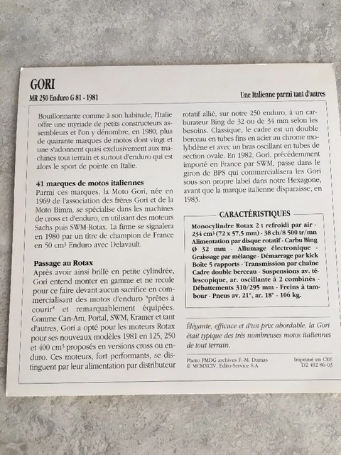 1981 GORI MR 250 Enduro G81 Motorcycle Card Atlas Italy Collection £4. ...