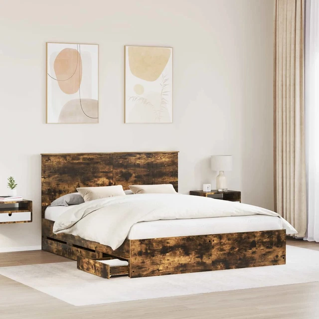 BED FRAME WITH Drawer Smoked Oak 160 x 200 cm Engineer Wood vidaXL £332 ...
