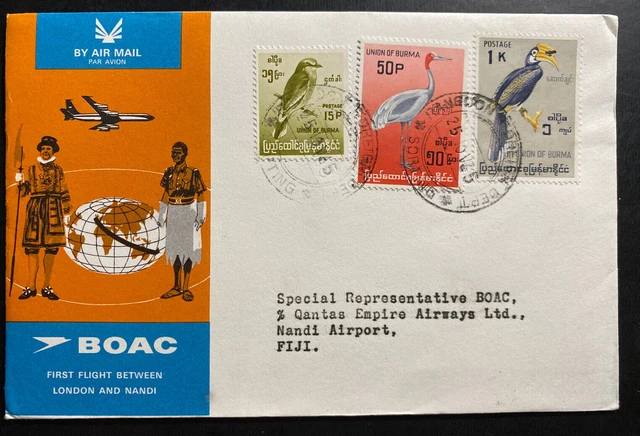 1965 RANGOON BURMA First Flight BOAC Airmail Cover FDC To Nandi Fiji ...